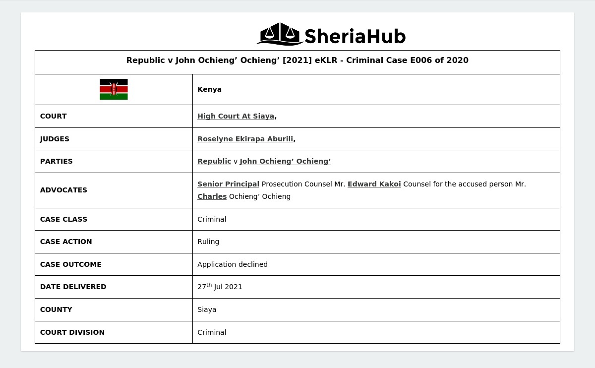 Republic V John Ochieng’ Ochieng’ [2021] Eklr