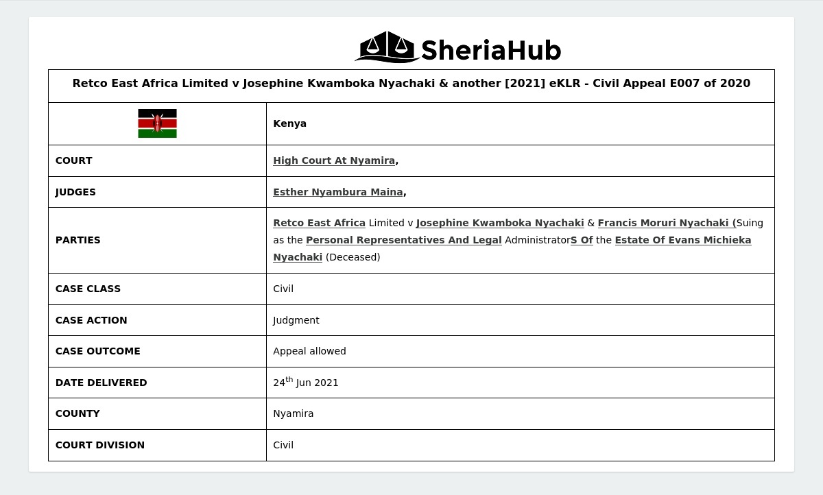 Retco East Africa Limited V Josephine Kwamboka Nyachaki & Another [2021] Eklr