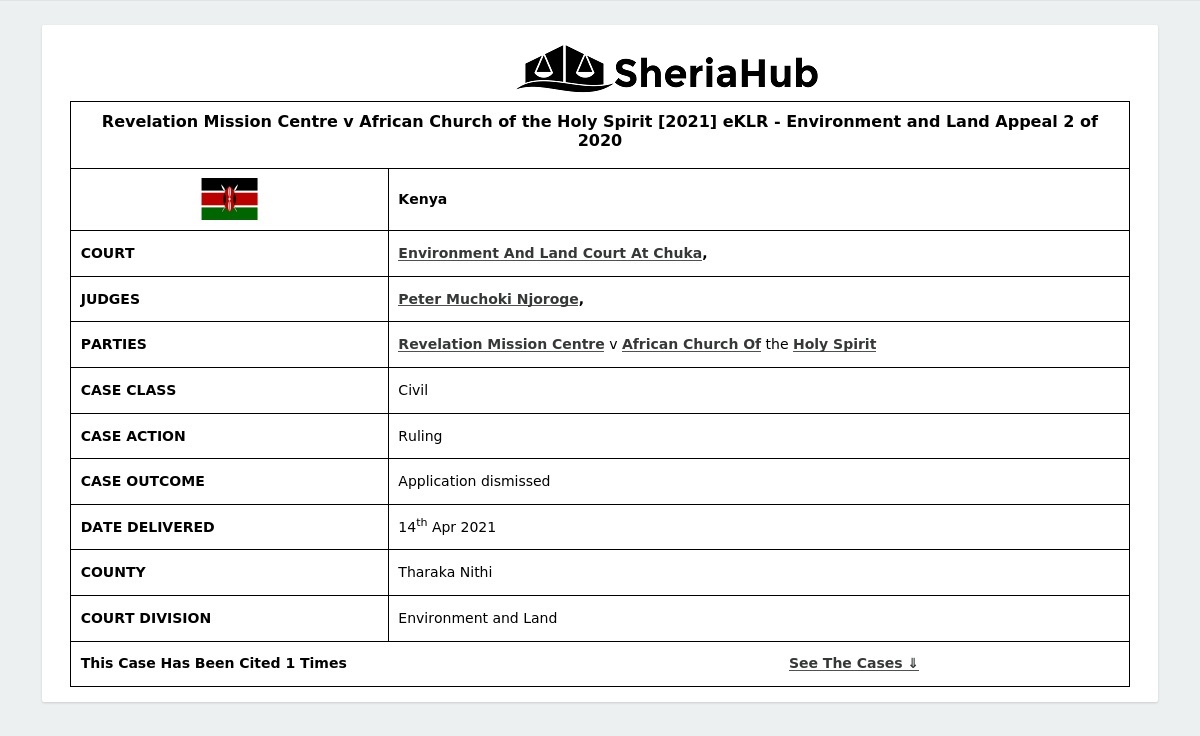 Revelation Mission Centre V African Church Of The Holy Spirit [2021] Eklr