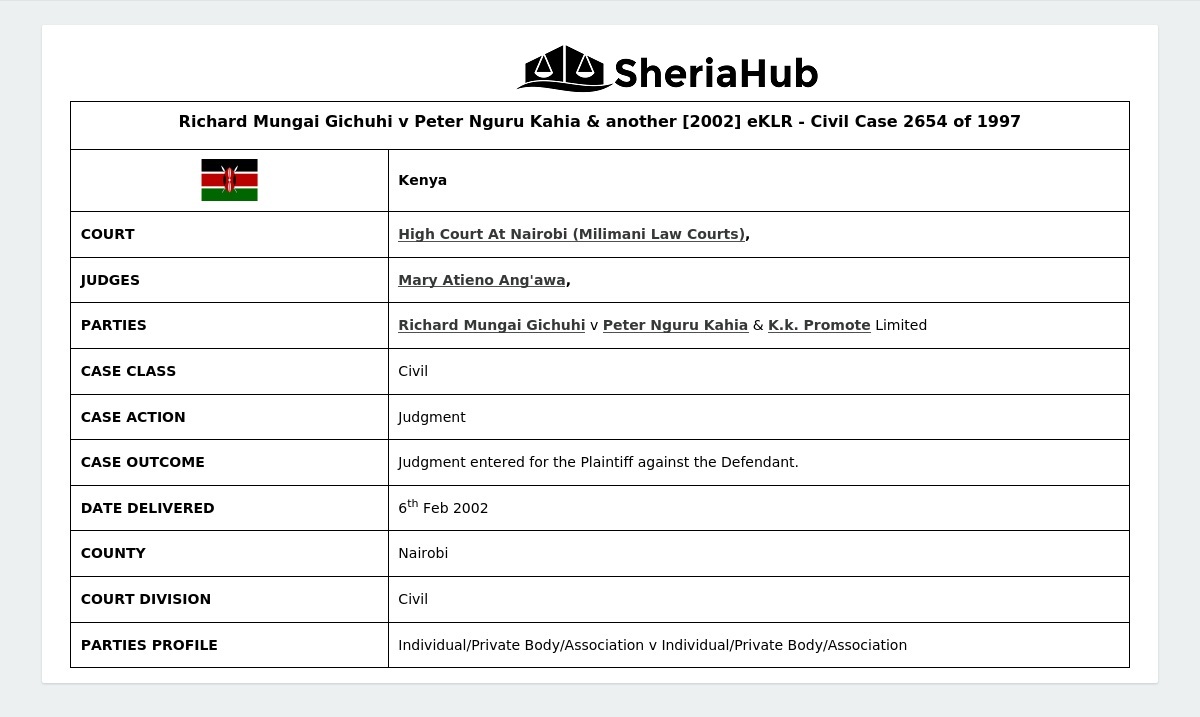 Richard Mungai Gichuhi V Peter Nguru Kahia & Another [2002] Eklr
