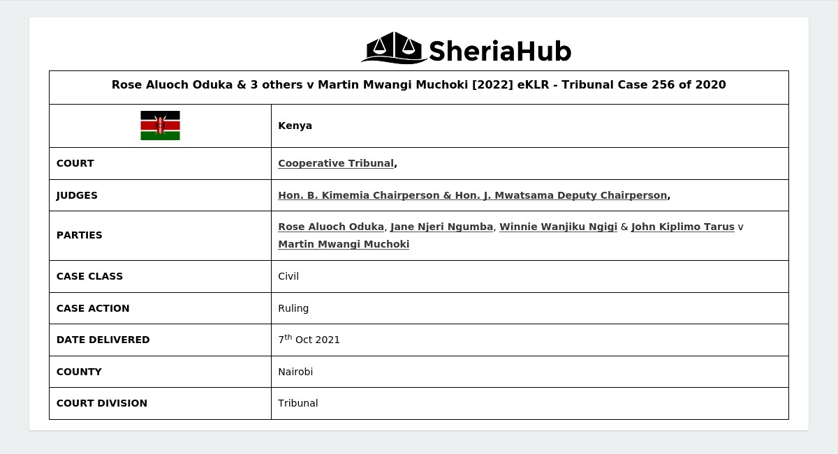 Rose Aluoch Oduka & 3 Others V Martin Mwangi Muchoki [2022] Eklr