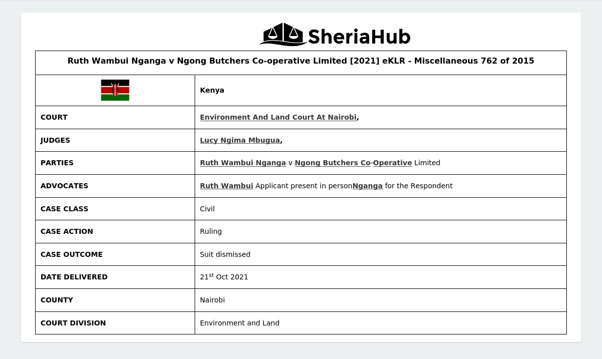 Ruth Wambui Nganga V Ngong Butchers Co-Operative Limited [2021] Eklr
