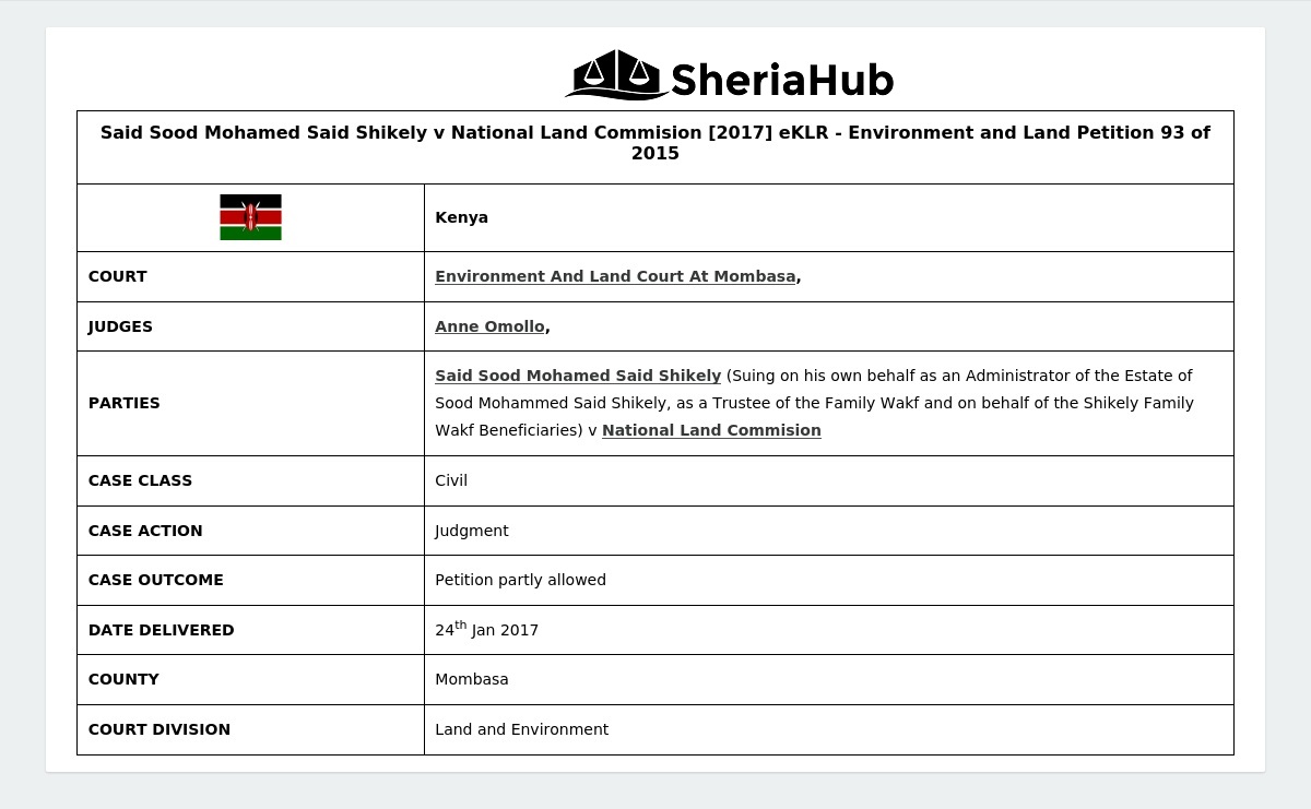 Said Sood Mohamed Said Shikely V National Land Commision [2017] Eklr