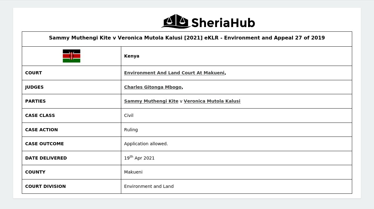 Sammy Muthengi Kite V Veronica Mutola Kalusi [2021] Eklr