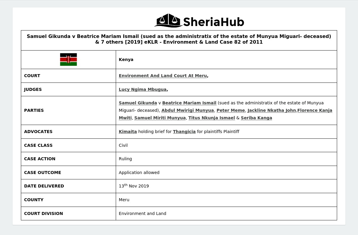 Samuel Gikunda V Beatrice Mariam Ismail (Sued As The Administratix Of ...