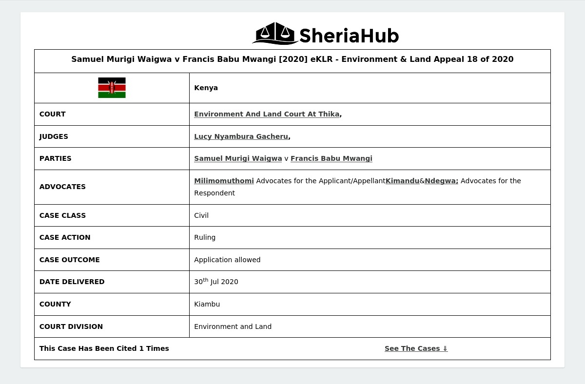 Samuel Murigi Waigwa V Francis Babu Mwangi [2020] Eklr