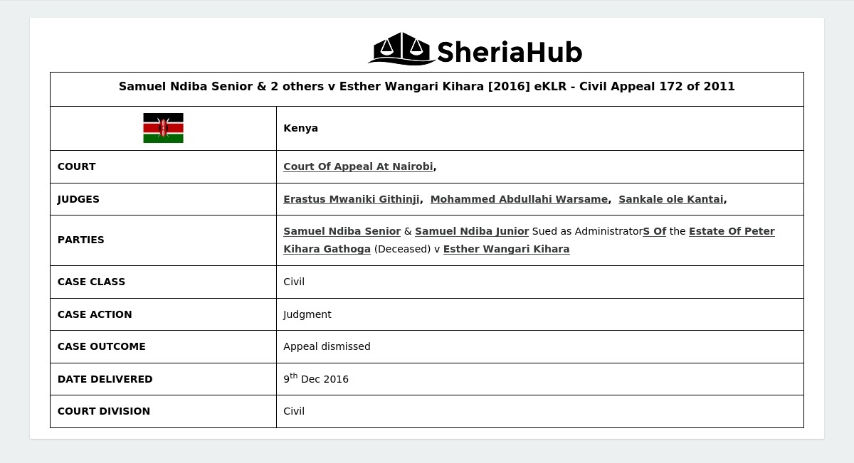 Samuel Ndiba Senior & 2 Others V Esther Wangari Kihara [2016] Eklr
