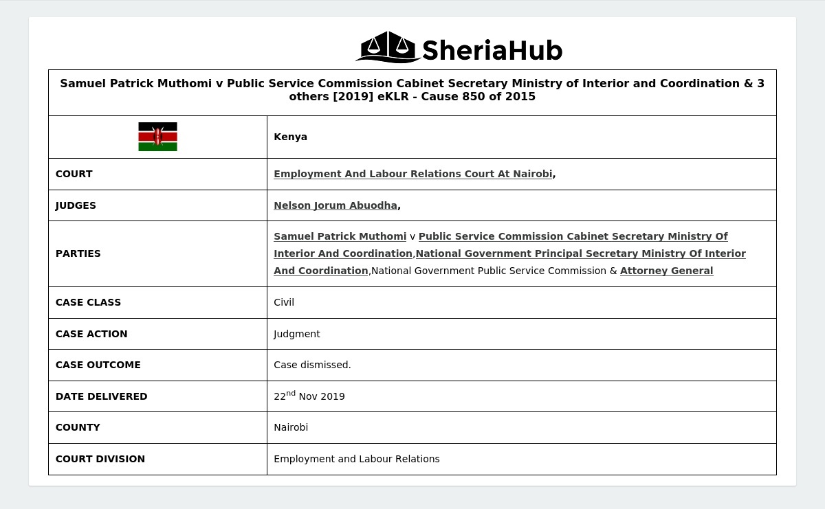 Samuel Patrick Muthomi V Public Service Commission Cabinet Secretary ...