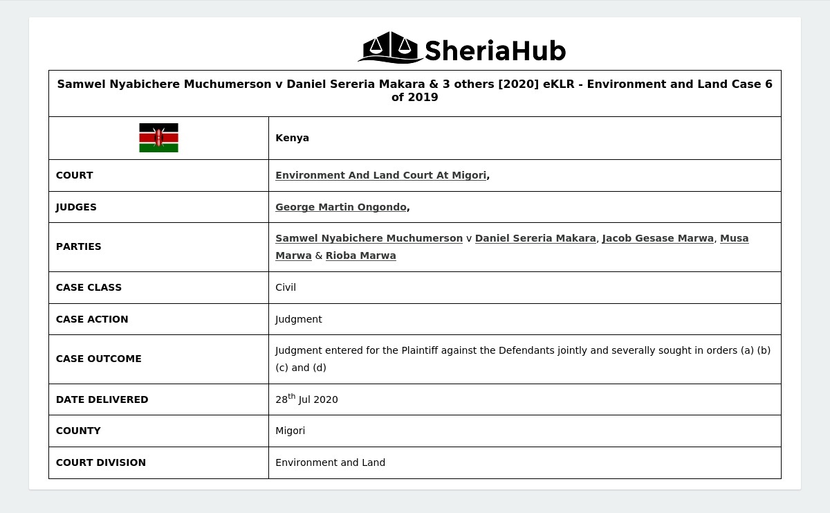 Samwel Nyabichere Muchumerson V Daniel Sereria Makara & 3 Others [2020 ...