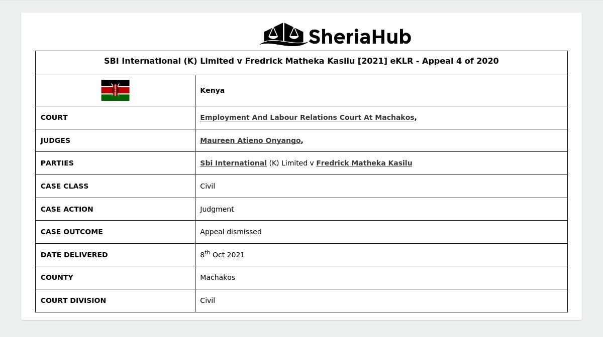 Sbi International (K) Limited V Fredrick Matheka Kasilu [2021] Eklr