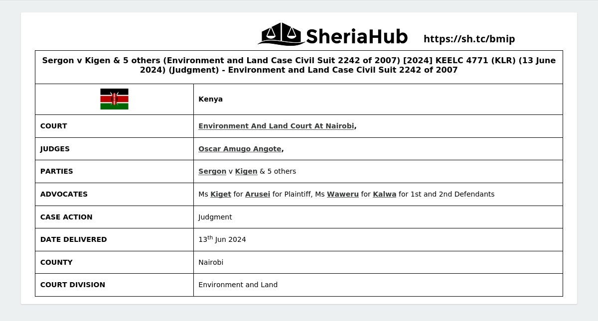Sergon V Kigen & 5 Others (Environment And Land Case Civil Suit 2242 Of ...