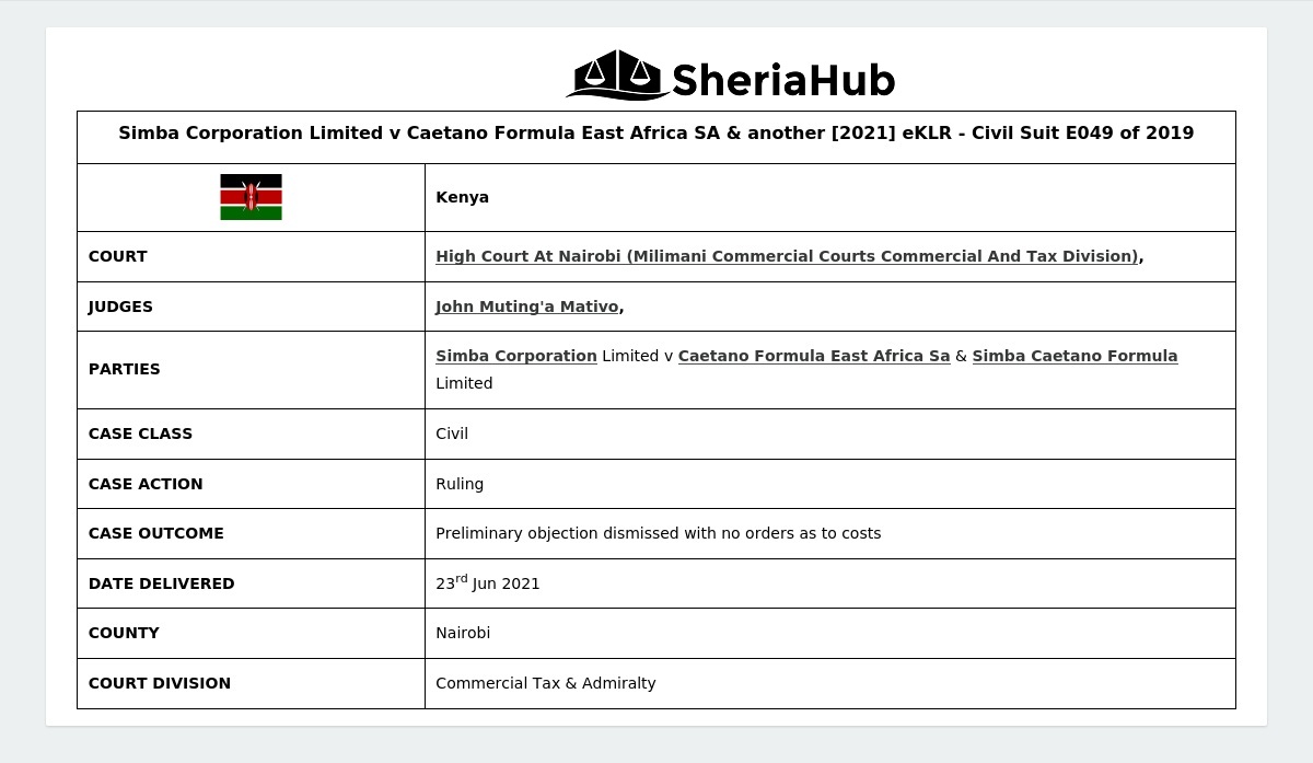 Simba Corporation Limited V Caetano Formula East Africa Sa & Another ...