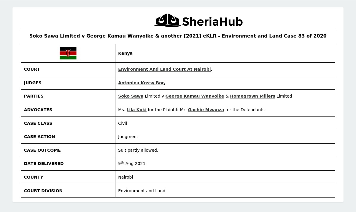 Soko Sawa Limited V George Kamau Wanyoike & Another [2021] Eklr