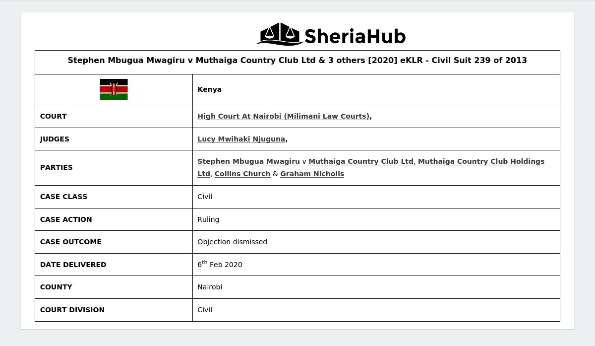 Stephen Mbugua Mwagiru V Muthaiga Country Club Ltd & 3 Others [2020] Eklr