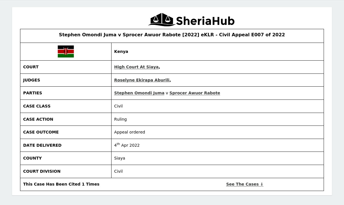 Stephen Omondi Juma V Sprocer Awuor Rabote [2022] Eklr