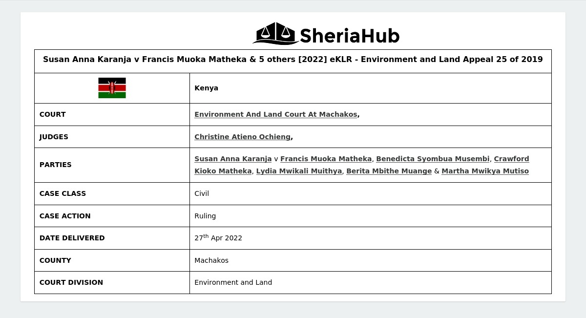 Susan Anna Karanja V Francis Muoka Matheka & 5 Others [2022] Eklr