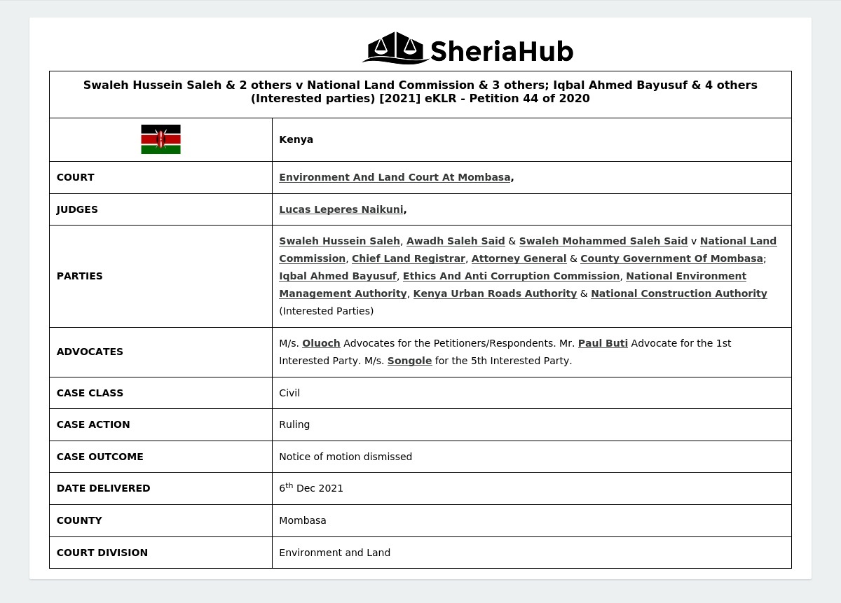 Swaleh Hussein Saleh & 2 Others V National Land Commission & 3 Others ...