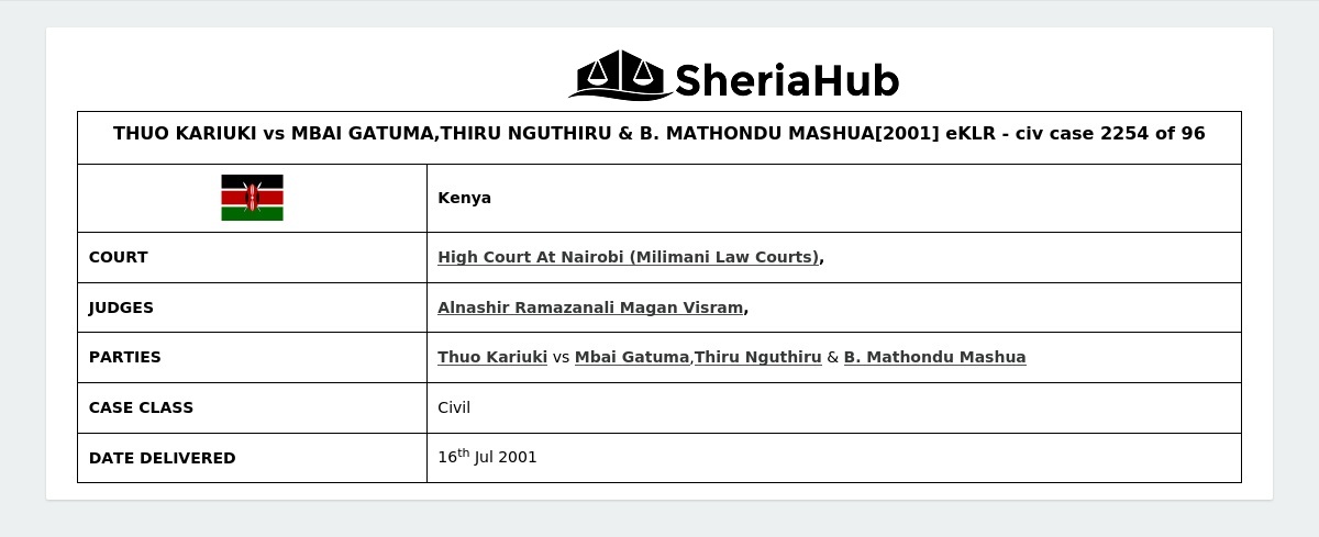 Thuo Kariuki Vs Mbai Gatuma,Thiru Nguthiru & B. Mathondu Mashua[2001] Eklr
