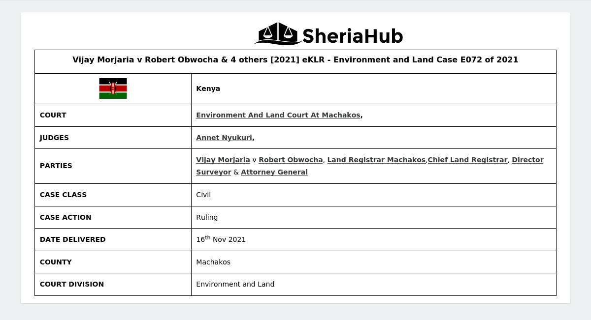 Vijay Morjaria V Robert Obwocha & 4 Others [2021] Eklr
