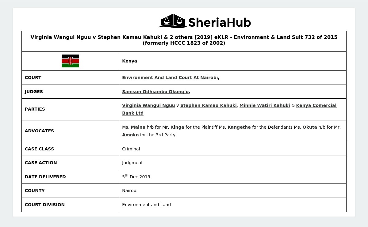 Virginia Wangui Nguu V Stephen Kamau Kahuki & 2 Others [2019] Eklr