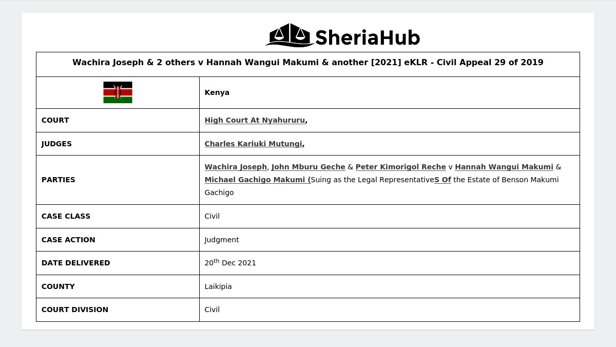 Wachira Joseph & 2 Others V Hannah Wangui Makumi & Another [2021] Eklr
