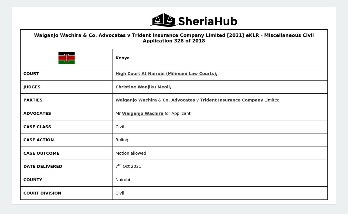 Waiganjo Wachira & Co. Advocates V Trident Insurance Company Limited ...