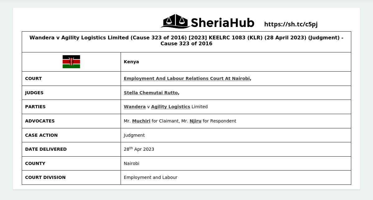 Wandera V Agility Logistics Limited (Cause 323 Of 2016) [2023] Keelrc ...