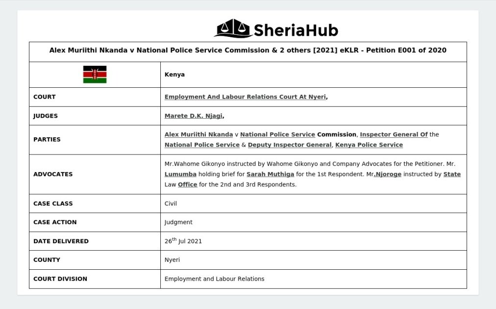 Alex Muriithi Nkanda V National Police Service Commission & 2 Others [2021] Eklr