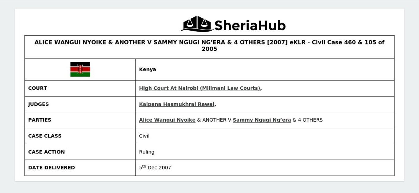 Alice Wangui Nyoike & Another V Sammy Ngugi Ng’era & 4 Others [2007] Eklr