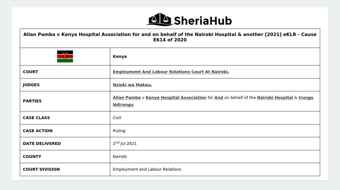 Allan Pamba V Kenya Hospital Association For And On Behalf Of The ...