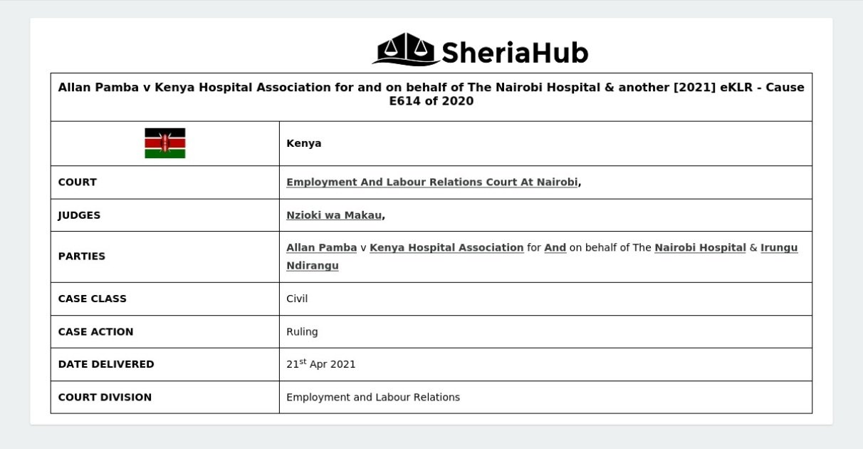 Allan Pamba V Kenya Hospital Association For And On Behalf Of The ...