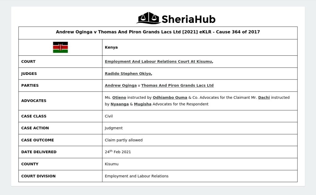 Andrew Oginga V Thomas And Piron Grands Lacs Ltd [2021] Eklr