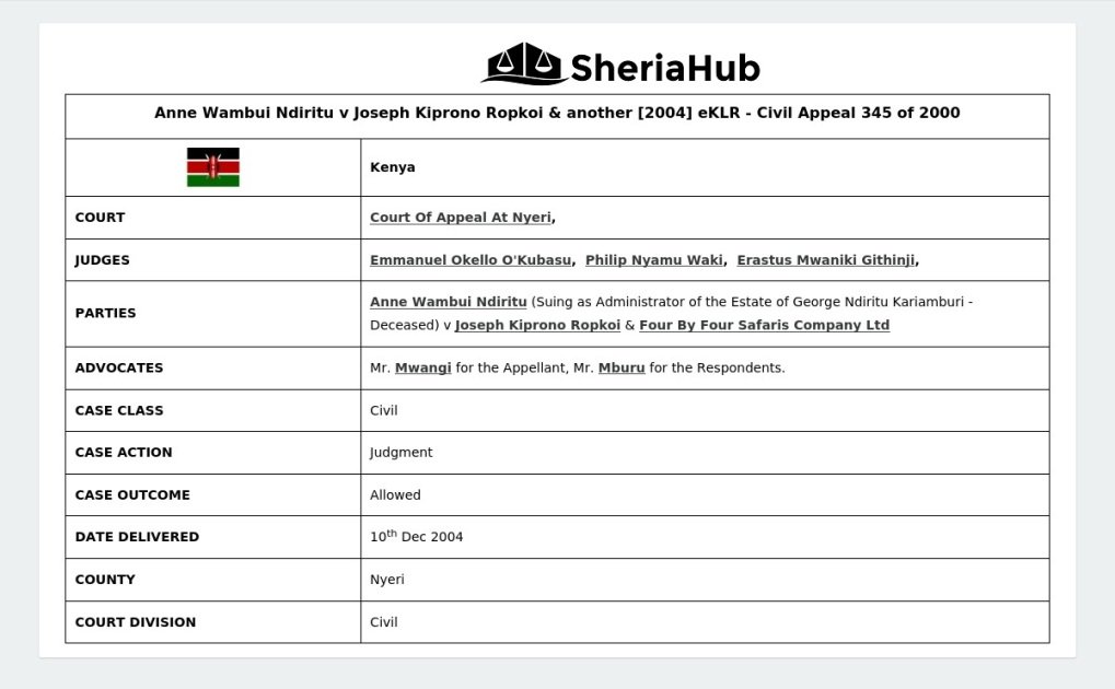 Anne Wambui Ndiritu V Joseph Kiprono Ropkoi & Another [2004] Eklr