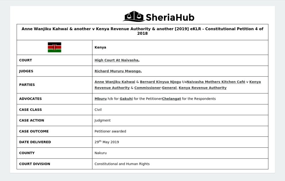 Anne Wanjiku Kahwai & Another V Kenya Revenue Authority & Another [2019 ...