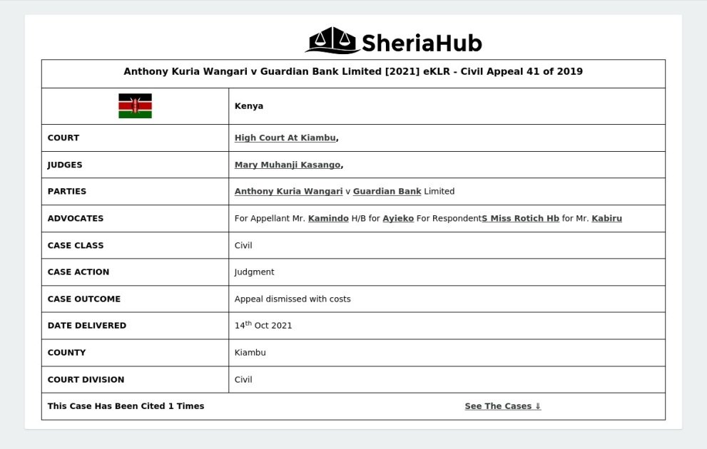 Anthony Kuria Wangari V Guardian Bank Limited [2021] Eklr