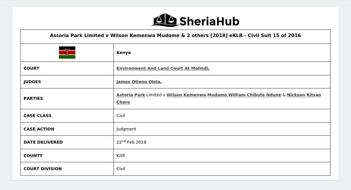 Astoria Park Limited V Wilson Kemenwa Mudome & 2 Others [2018] Eklr
