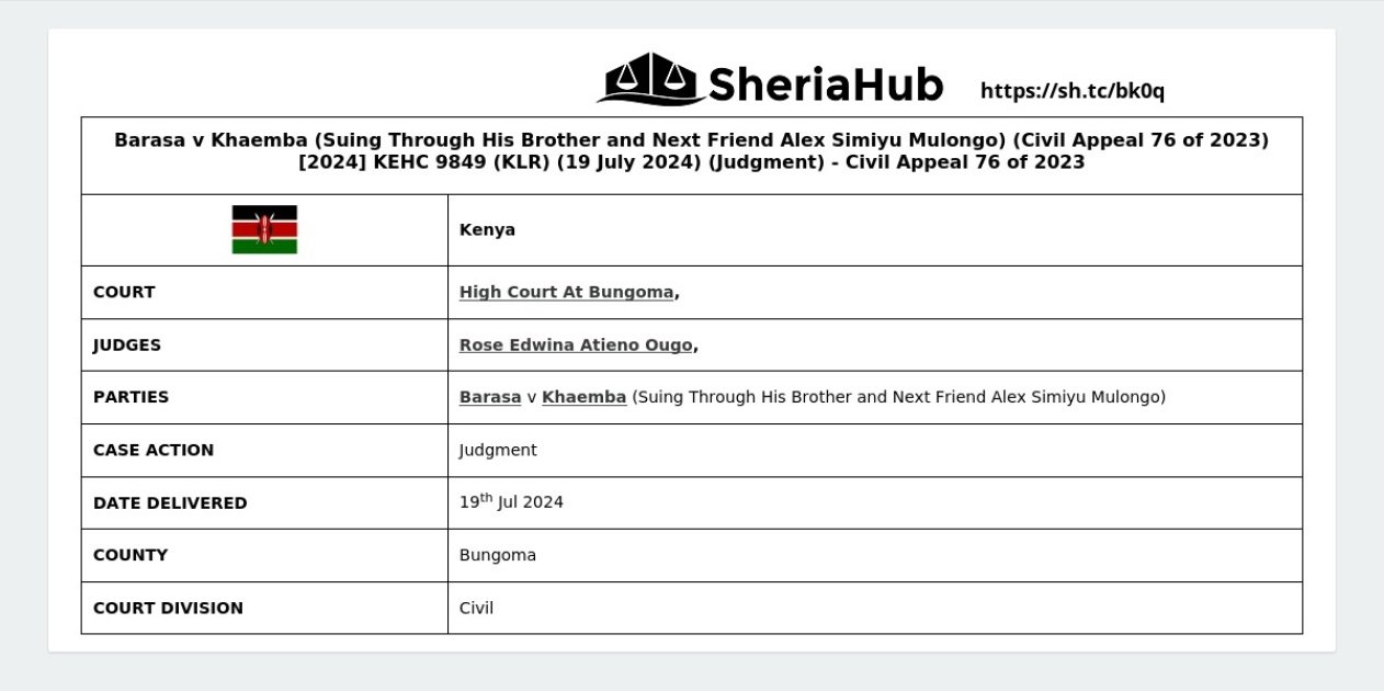 Barasa V Khaemba (Suing Through His Brother And Next Friend Alex Simiyu ...