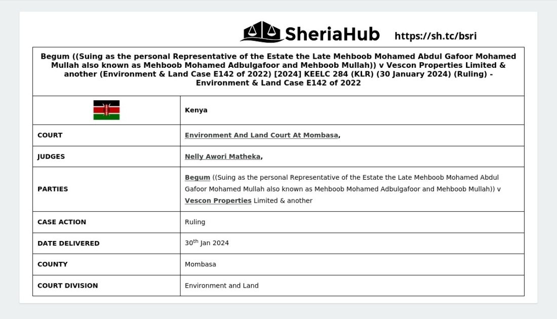 Begum ((Suing As The Personal Representative Of The Estate The Late Mehboob Mohamed Abdul Gafoor ...