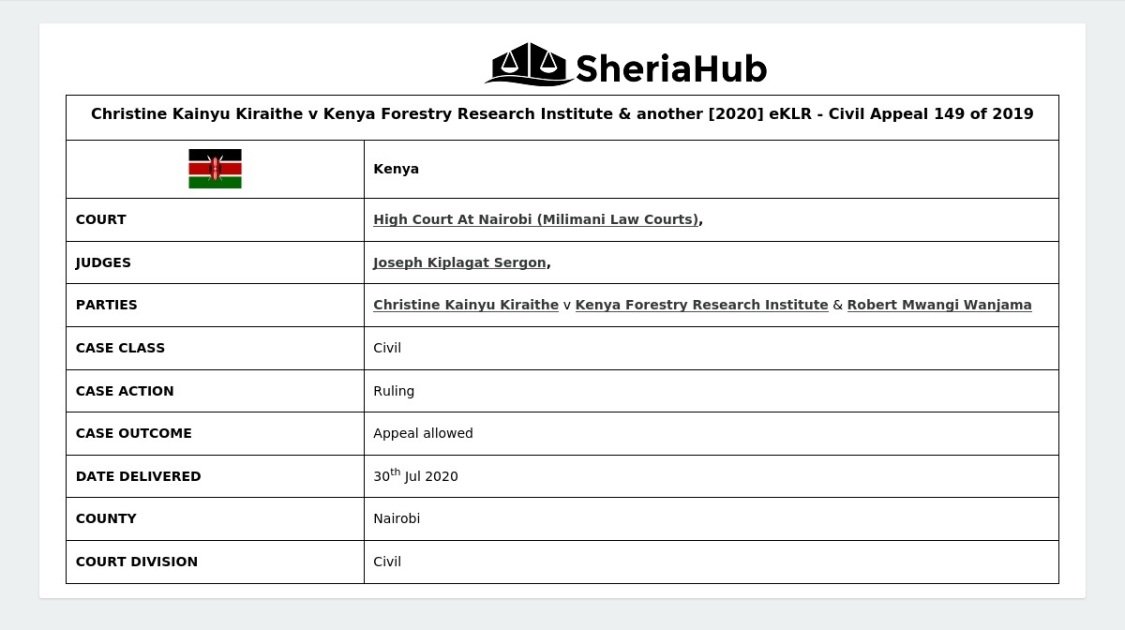 Christine Kainyu Kiraithe V Kenya Forestry Research Institute & Another ...