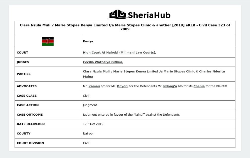 Clara Nzula Muli V Marie Stopes Kenya Limited T/A Marie Stopes Clinic ...