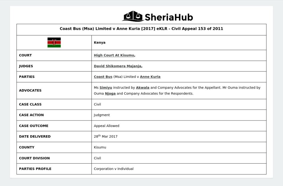 Coast Bus (Msa) Limited V Anne Kuria [2017] Eklr