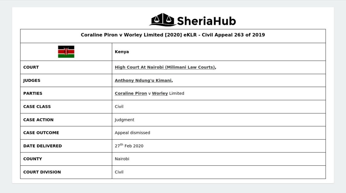 Coraline Piron V Worley Limited [2020] Eklr