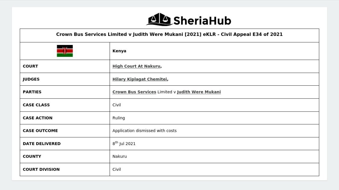 Crown Bus Services Limited V Judith Were Mukani [2021] Eklr