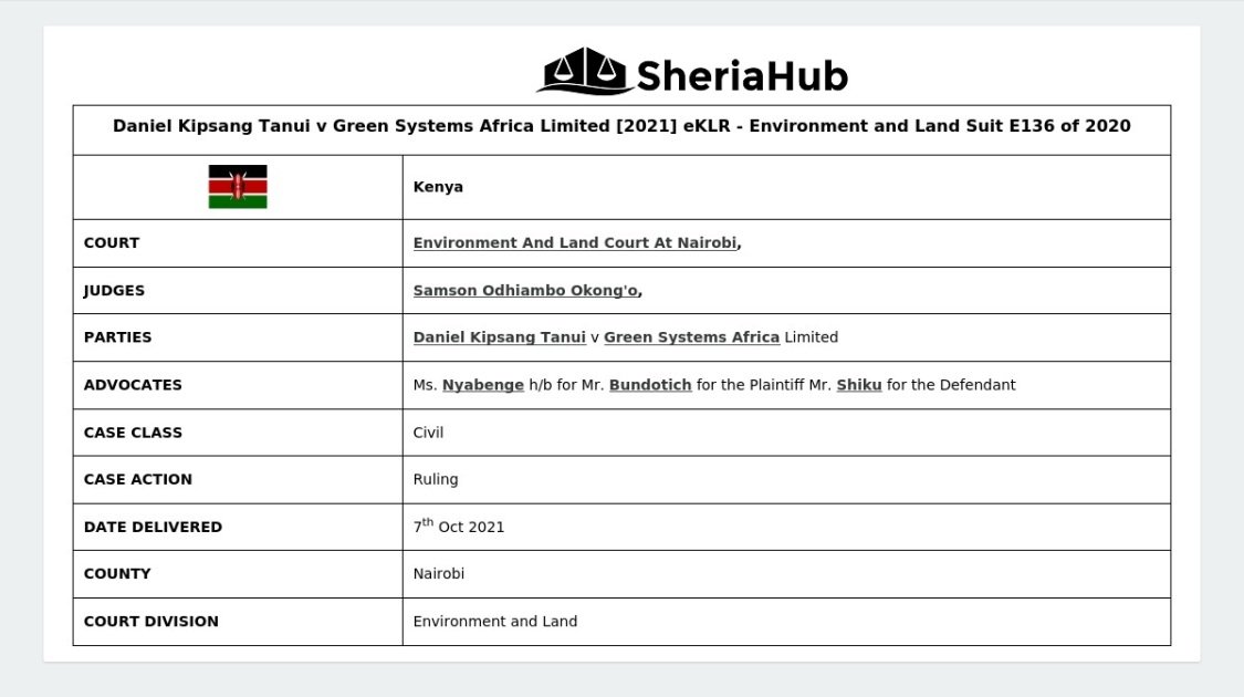 Daniel Kipsang Tanui V Green Systems Africa Limited [2021] Eklr
