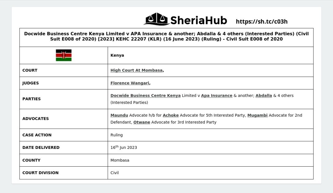 Docwide Business Centre Kenya Limited V Apa Insurance & Another ...