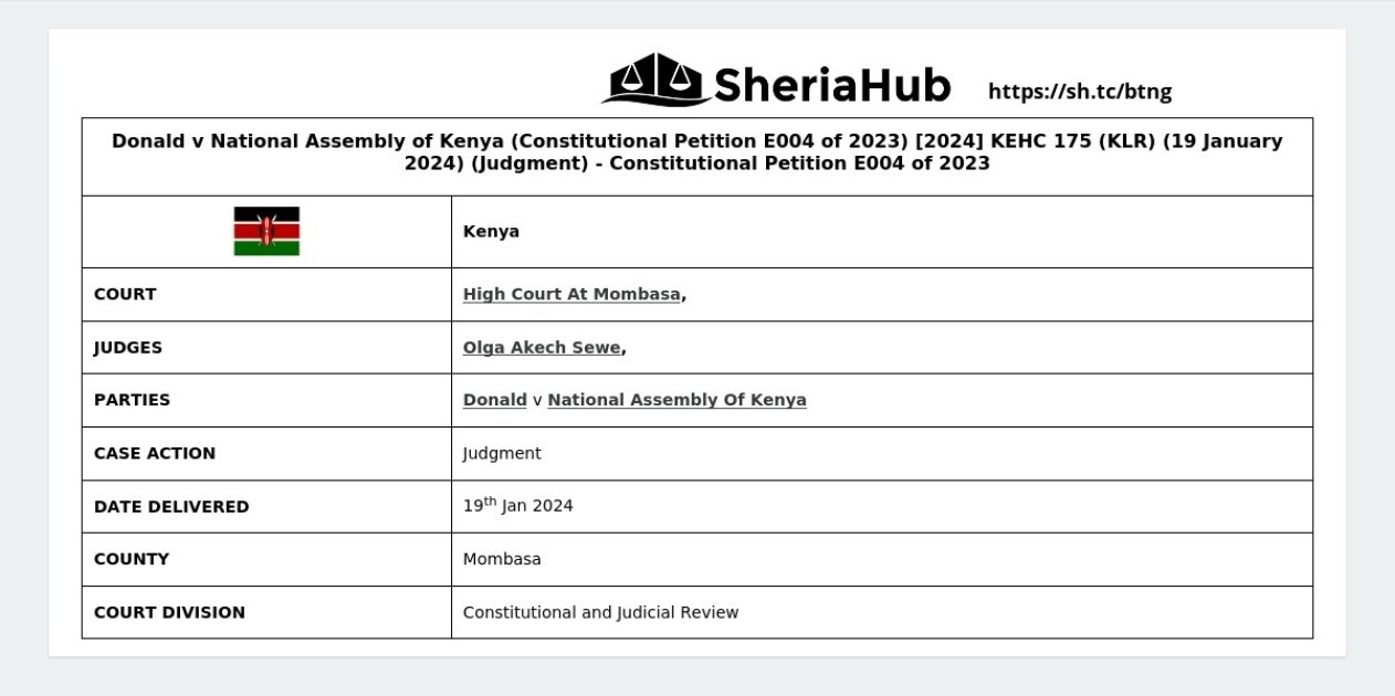 Donald V National Assembly Of Kenya (Constitutional Petition E004 Of 2023) [2024] Kehc 175 (Klr ...