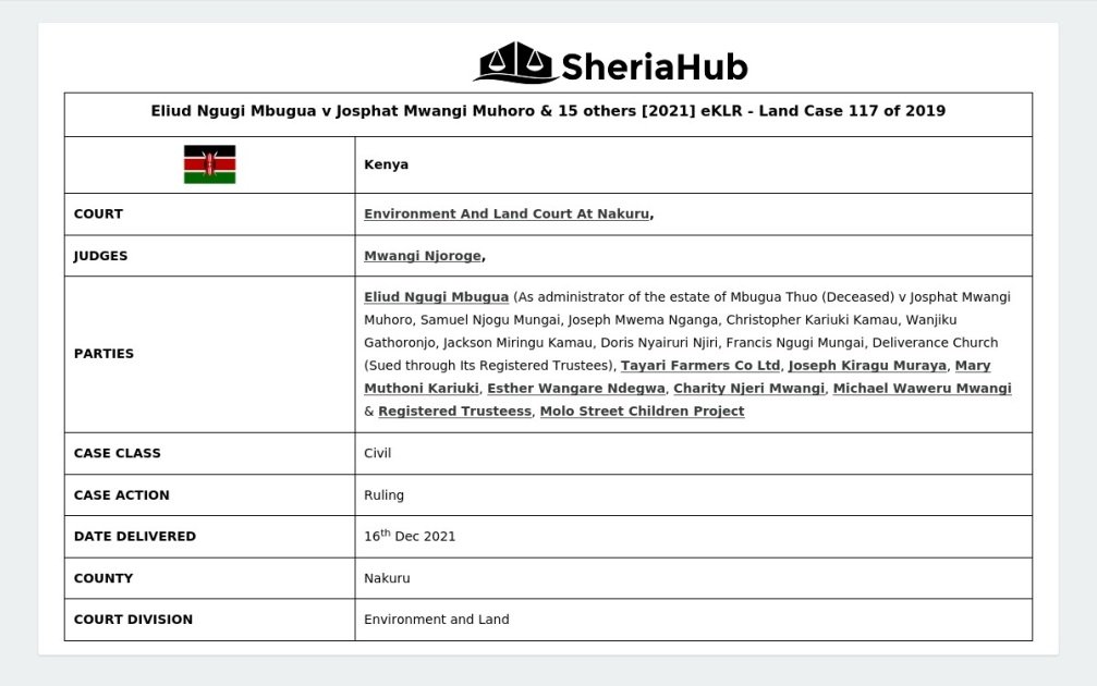 Eliud Ngugi Mbugua V Josphat Mwangi Muhoro & 15 Others [2021] Eklr