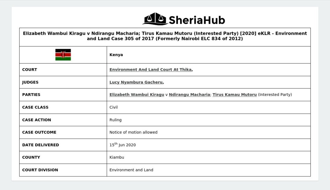 Elizabeth Wambui Kiragu V Ndirangu Macharia; Tirus Kamau Mutoru ...