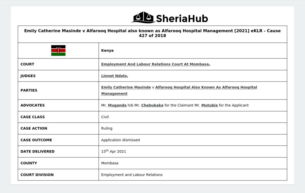 Emily Catherine Masinde V Alfarooq Hospital Also Known As Alfarooq ...