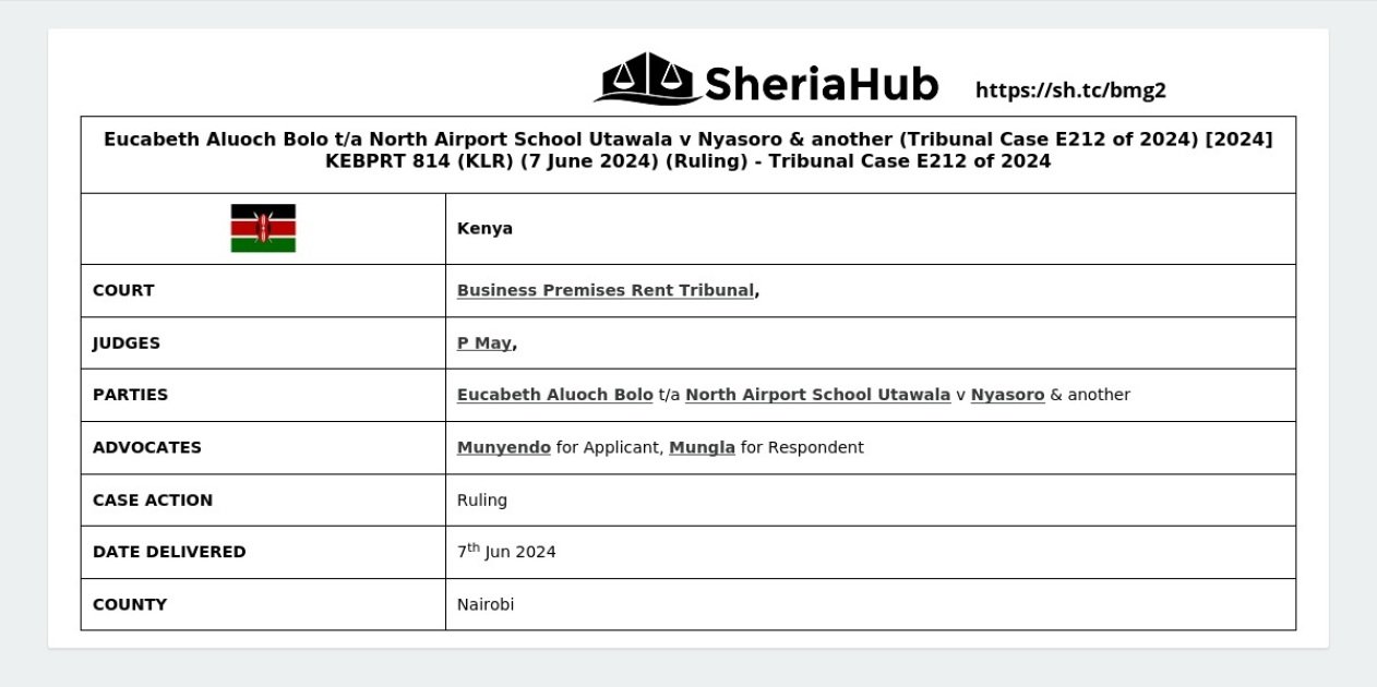 Eucabeth Aluoch Bolo T/A North Airport School Utawala V Nyasoro & Another (Tribunal Case E212 Of ...
